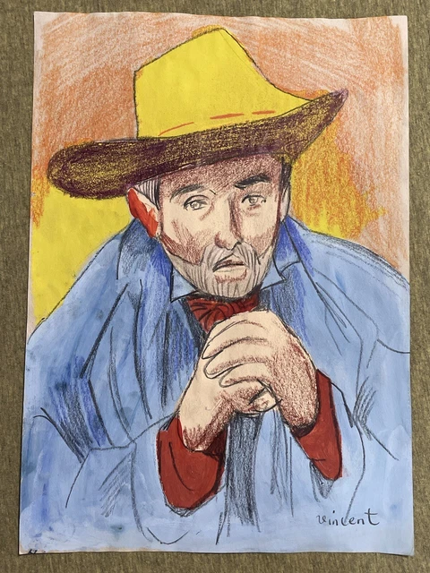 VINCENT VAN GOGH (Handmade) Drawing - Painting on old paper signed ...