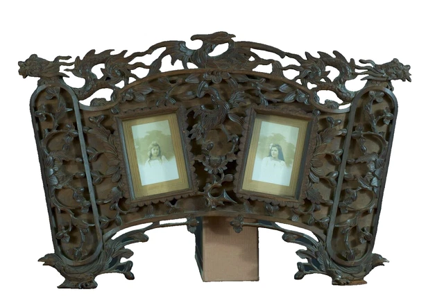 LARGE FRAME WOODEN Carved Dragon Birds Indochina Foliage Photos 19 Th ...
