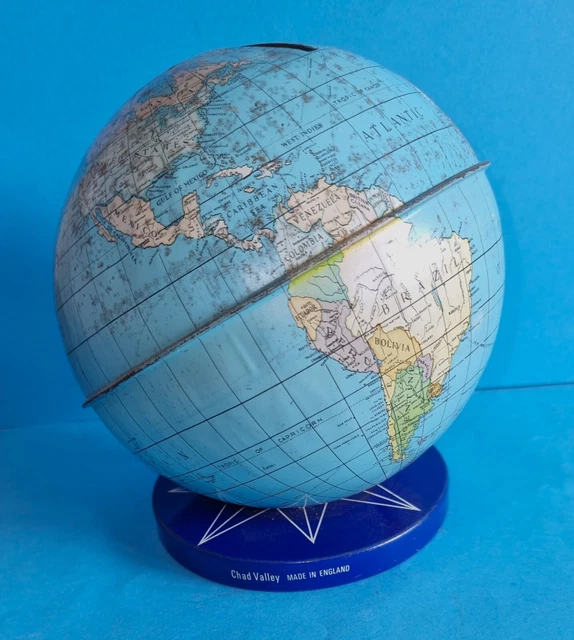 VINTAGE CHAD VALLEY Tinplate World Globe Money Box With Original Tin ...