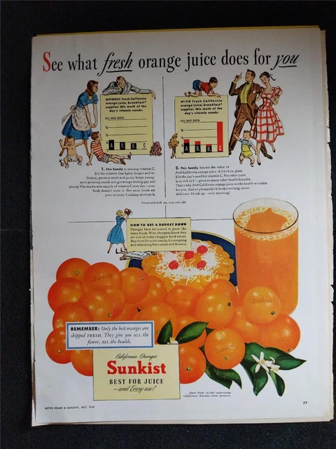 1948 SUNKIST CALIFORNIA ORANGE JUICE Vintage Magazine Print Ad $12.50 ...