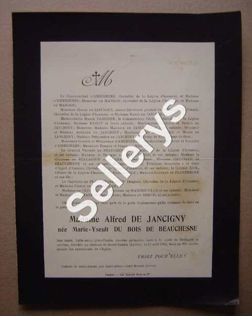 FAIRE PART DÉCÈS Mme Alfred de Jancigny née Marie Yseult du BOIS de Beauchesne EUR 24,90 ...