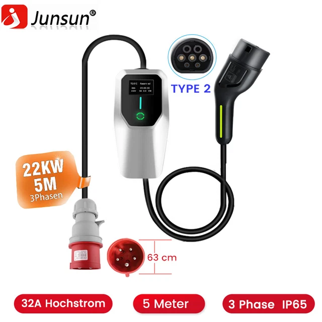 JUNSUN TYP 2 Ladekabel 22KW 3 Phasig 32A 5m für Elektroauto Wallbox Ladegerät EUR 269,99 ...
