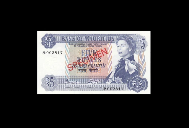 1967 BRITISH COLONY Mauritius Qeii 5 Rupees "Specimen" **002817 ...