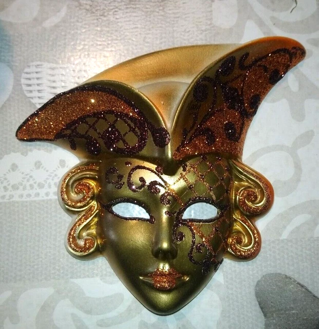 MASQUE VÉNITIEN EN Céramique Doré et Pailleté Peint À La main / Signé ...