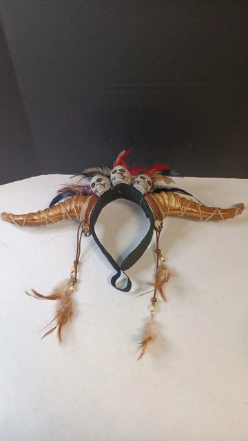 BROWN VOODOO ANCIENT Skull Long Horn Headband w/ Feather for Halloween ...