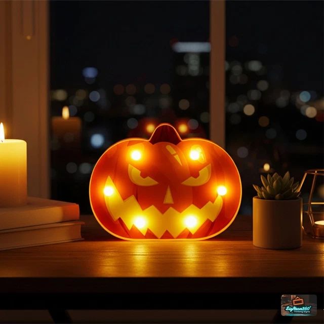 LED EVIL PUMPKIN Sign Halloween Decoration | Light Up Scary Face Wall ...