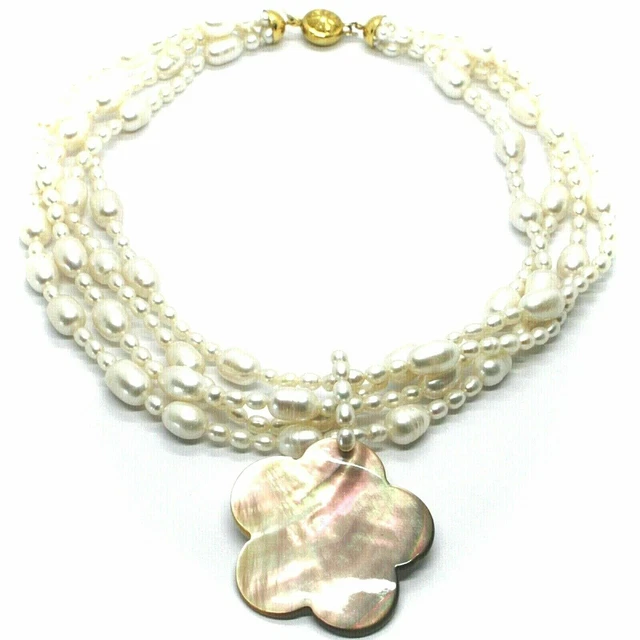 COLLIER OR JAUNE 18K, A 4 Fils, avec Fleur De Nacre Et Perles Blanches Ovales EUR 861,59 ...