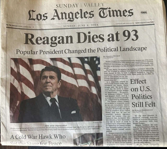 RONALD REAGAN DIES - Historic Newspaper - June 6, 2004 - Los Angeles ...