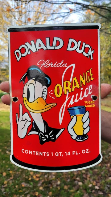 VINTAGE OLD DONALD Duck Orange Juice Porcelain Heavy Metal Gas Station ...