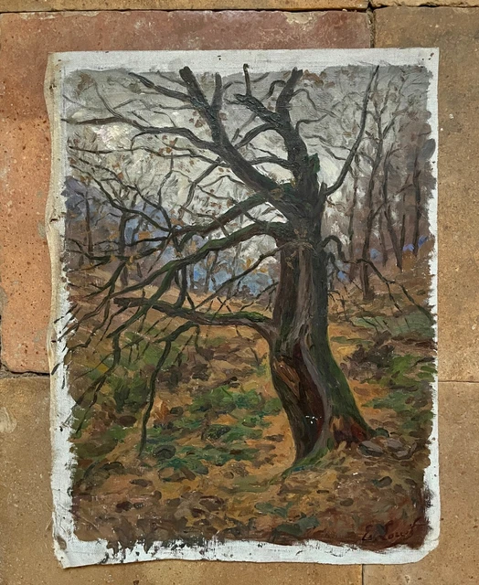 L'ARBRE PAYSAGE DE forêt en hiver Toile tableau peinture signé E. Louis ...