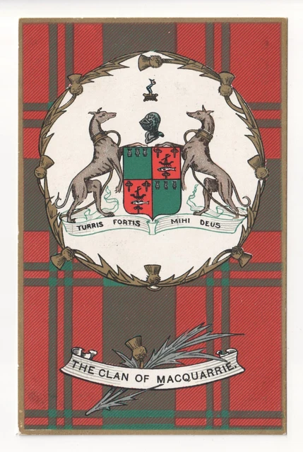 CLAN MACQUARRIE - old Scotland coat of arms and tartan card £1.99 ...