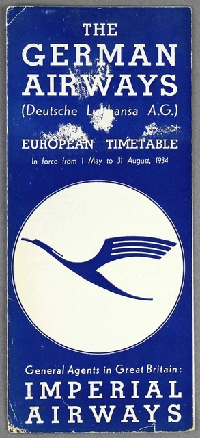 DEUTSCHE LUFTHANSA EUROPEAN Airline Timetable May-August 1934 Imperial ...