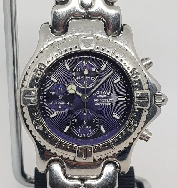 1990S ROTARY SAPPHIRE Chronograph Sports Watch Mens Blue Dial Quartz ...