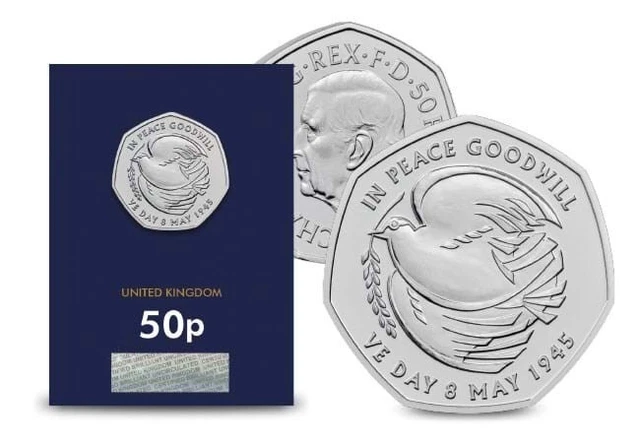 VE DAY 80TH ANNIVERSARY IN PEACE GOODWILL 50p FIFTY PENCE UK COIN 2025 ...