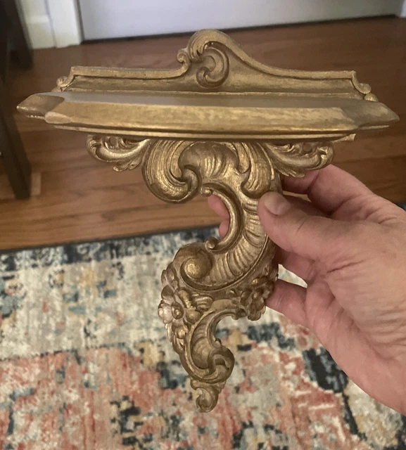 VINTAGE SYROCO WOOD Wall Shelf Gold Tone 9”x6.75” Hollywood Regency USA ...