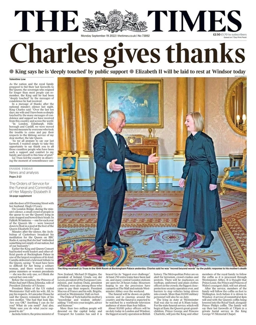 THE TIMES NEWSPAPER 19th September 2022 King Charles Gives Thanks $17. ...