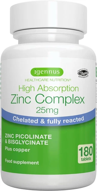 HIGH ABSORPTION ZINC 25mg & Copper Supplement, Clean Ingredients, 180 ...