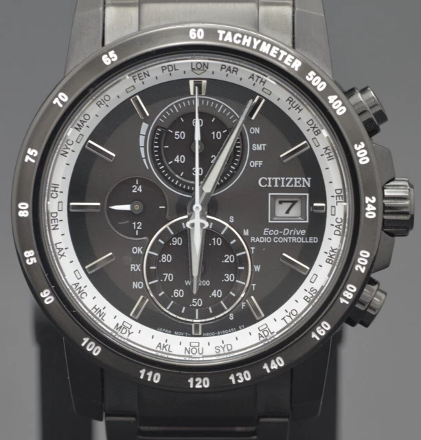 CITIZEN ECO-DRIVE WORLD Time Radio Controlled Steel Black Dial Watch ...