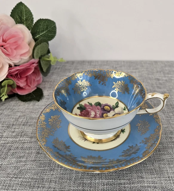 RARE VINTAGE DOUBLE Warrant Paragon Floral Teacup & Saucer Blue & Gold ...