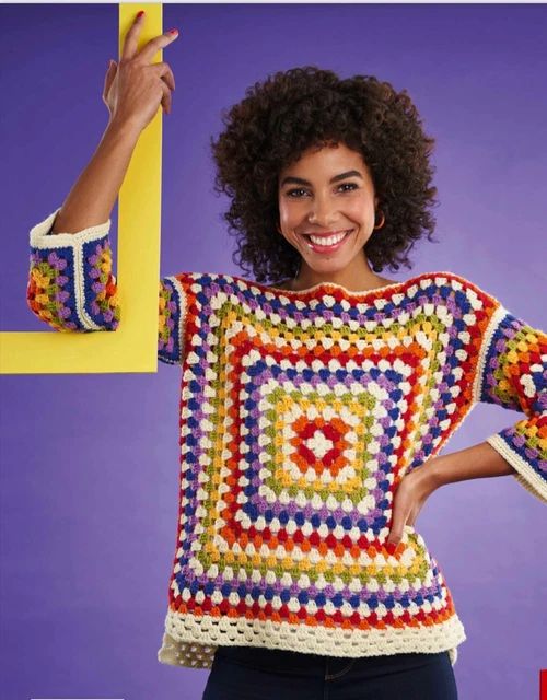 CROCHET PATTERN RETRO Vintage Jumper Granny Squares DK £1.99 - PicClick UK