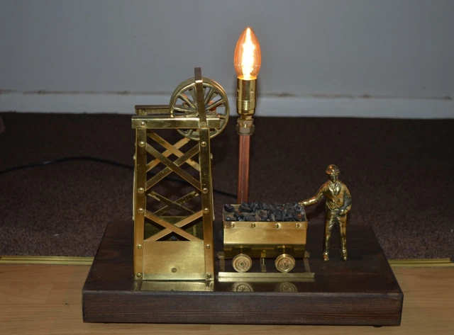 VINTAGE BRASS COAL Miner & Pit Colliery Scene Table Lamp £119.95 ...