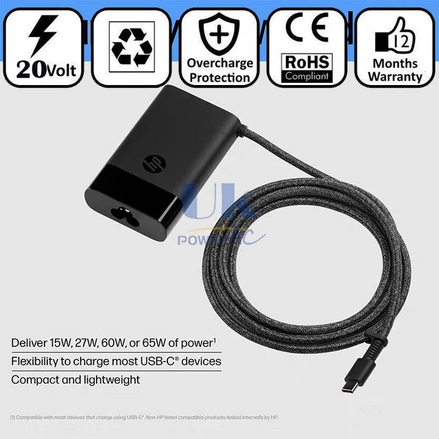 HP 65W USB-C Slim Laptop Charger Notebook Indoor 100-240 V 50/60 Hz £47 ...