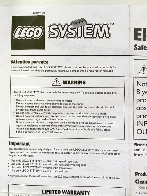 LEGO SYSTEM ELECTRIC TRAIN Safety Information and Instructions FOLD-OUT ...
