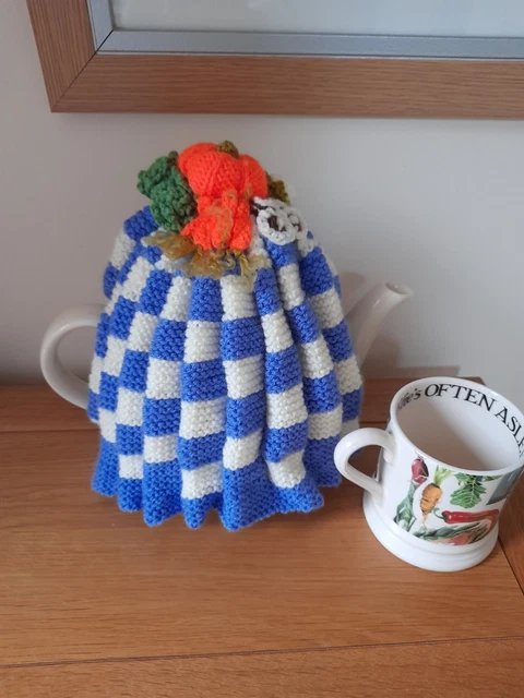 HAND KNITTED TEA cosy in blue gingham pattern topped with Pumpkin ...