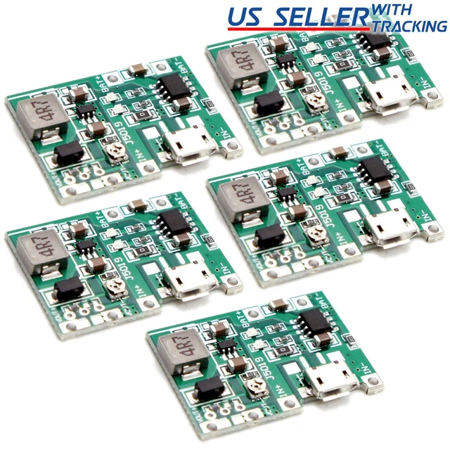 5PCS MICRO-USB TP4056 3.7V Charger Module w/ Step-up Boost 5V 9V 12V ...