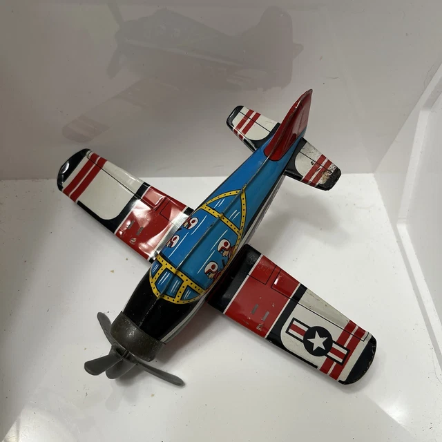 VINTAGE JAPAN TIN Toy Airplane. US Military. Push Toy. Propeller Works ...