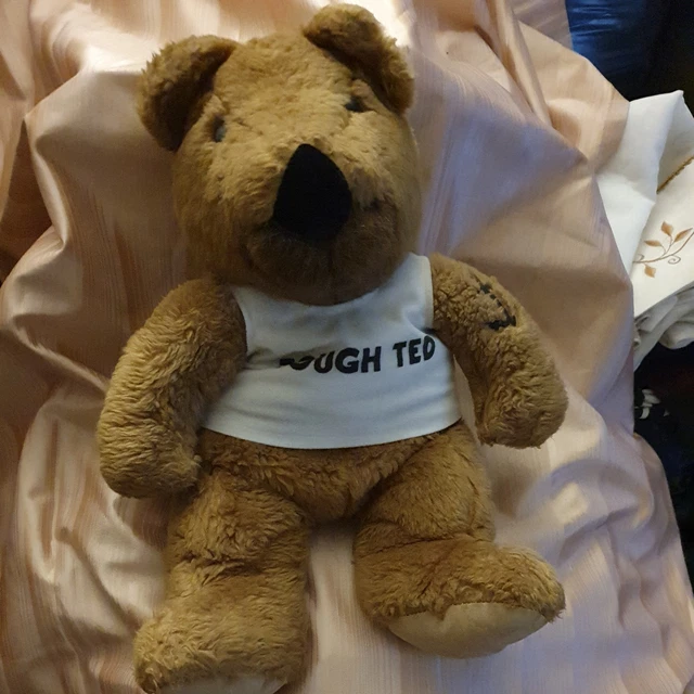 VINTAGE TOUGH TED 1985 large Bear Soft Toy VEST Tattoo Torn Ear Plush ...