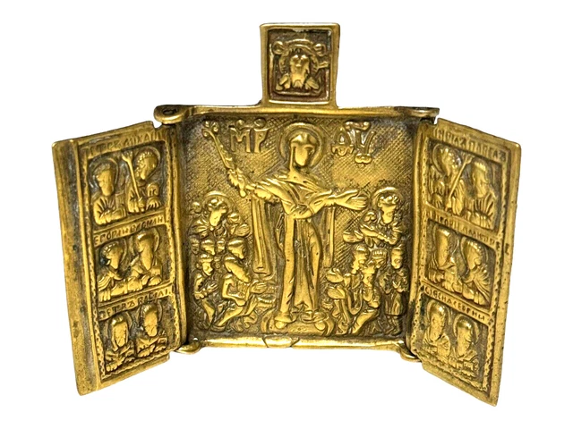 RARE ANTIQUE BRASS Russian Orthodox Triptych Mother Of God Joy Of All Who Sorrow $280.00 ...