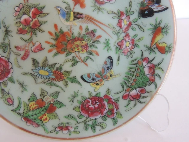 CHINESE EXPORT CELADON Famille Rose Enamel Plate Butterfly Birds Late ...