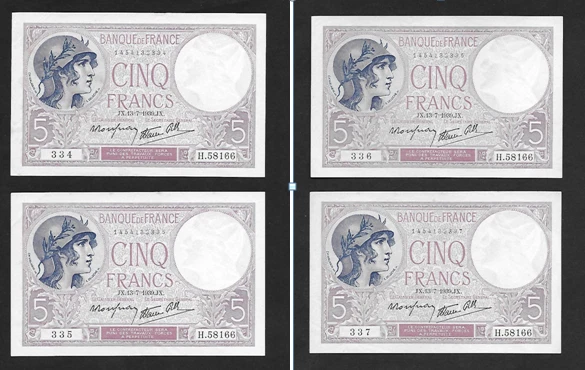 FRANCE - SUITE de 4 billets 5 Francs violet de 1939 - Fayette 4/1 EUR ...
