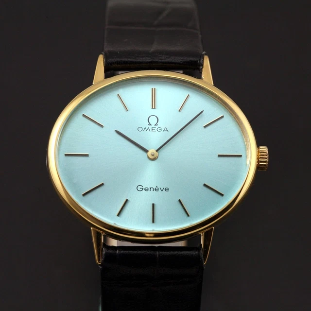 VINTAGE OMEGA GENEVE Cal625 Manual Winding Ice Blue Dial Gold Filled ...
