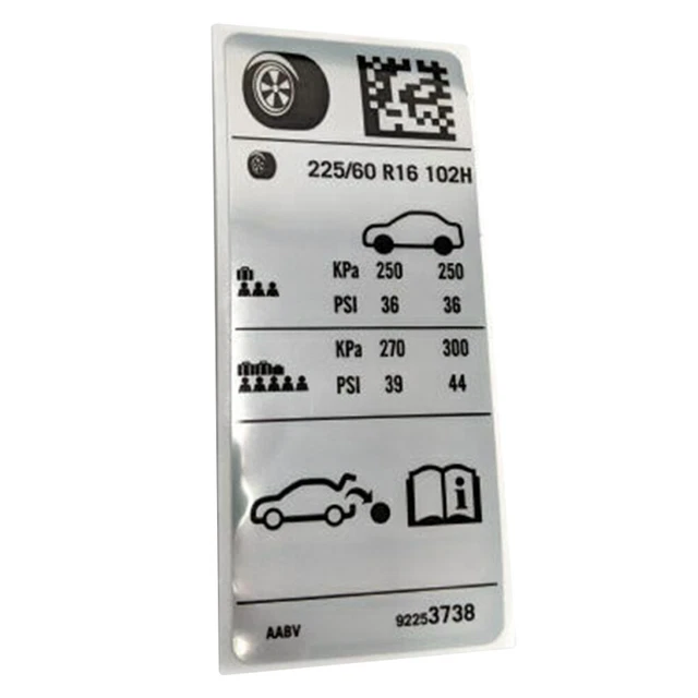 HOLDEN DECAL TYRE Placard for VE VF Commodore Omega Evoke 19 Rim 225/60 ...