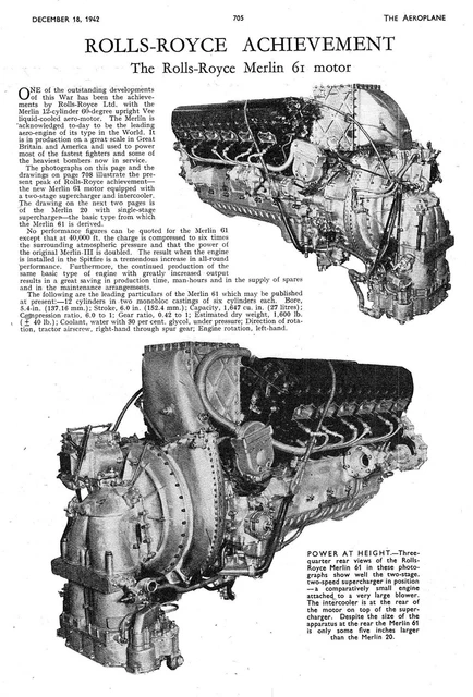 1942 ROLLS-ROYCE MERLIN '61' Aircraft Engine Original WW2 Cutting ...