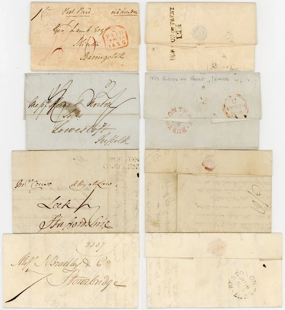 4 LETTERS 1791-1830 BURTON ON TRENT ALL DIFF.POSTMARKS MORE TO PAY ...