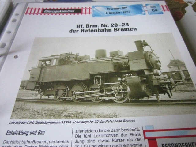 DEUTSCHE DAMPFLOKS MIT Risszeichnung G64 Hafenbahn Bremen 20-24 BR 92.9 ...