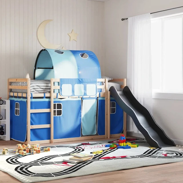 WALPLUS BLUE BUNK Bed With Slide Curtains Without Mattress Kids 90x190 ...