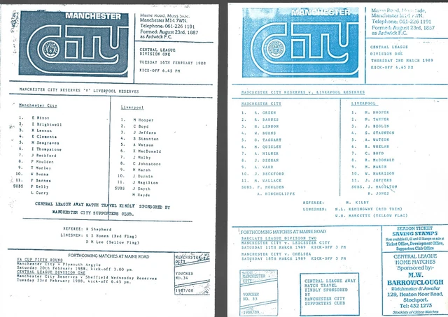 6 X MANCHESTER City v Liverpool Reserve 84-85 to 92-93 team sheets £6. ...
