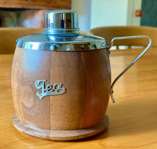 VINTAGE TEA CADDY Wooden Barrel-Shaped With Liner And Chrome Top £8.00 ...