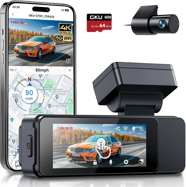 GKU DASH CAM Front and Rear, 4K+1080P Dashcam for car, Built-in 5G WiFi ...