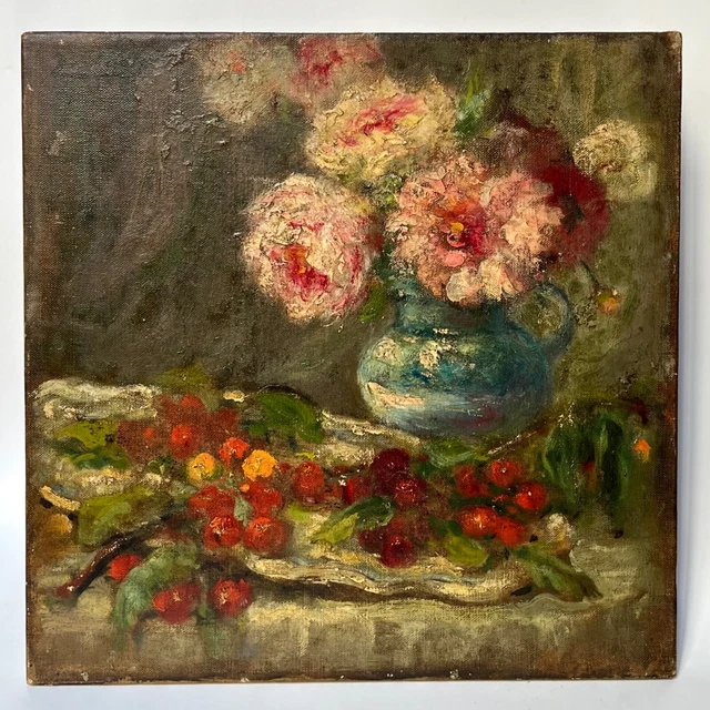 TABLEAU ANCIEN NATURE morte aux roses et aux cerises fin XIXe siècle ...