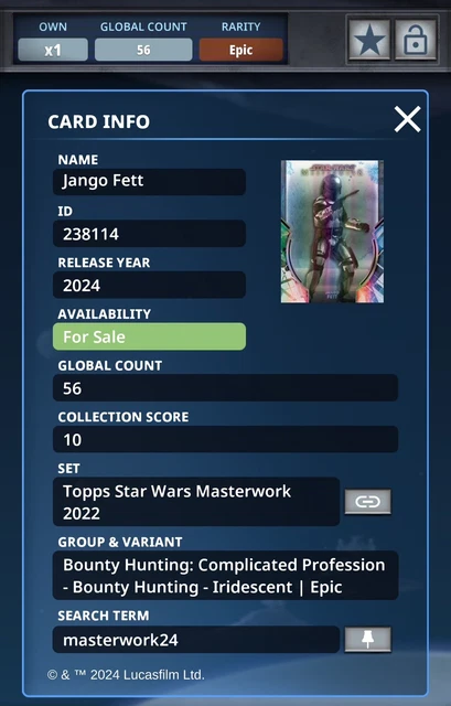 TOPPS STAR WARS Card Trader 2024 Masterwork Jango Fett Bounty Hunting ...