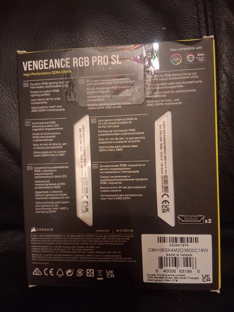CORSAIR VENGEANCE RGB Pro SL 16GB DDR4-3600 - White £36.96 - PicClick UK