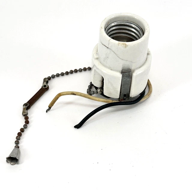 VINTAGE CERAMIC PORCELAIN Ceiling Mount Pull Chain Light Bulb Fixture ...
