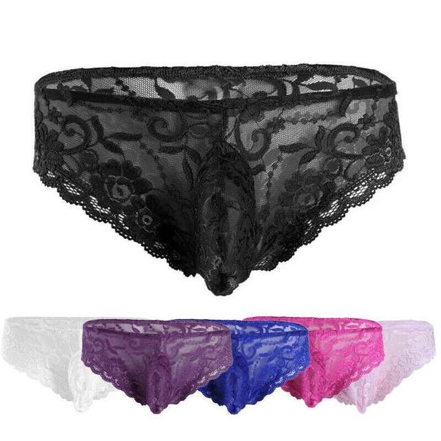 UK MENS LACE Sissy Pouch Bikini Briefs Sexy Underwear Sheer Crossdress ...