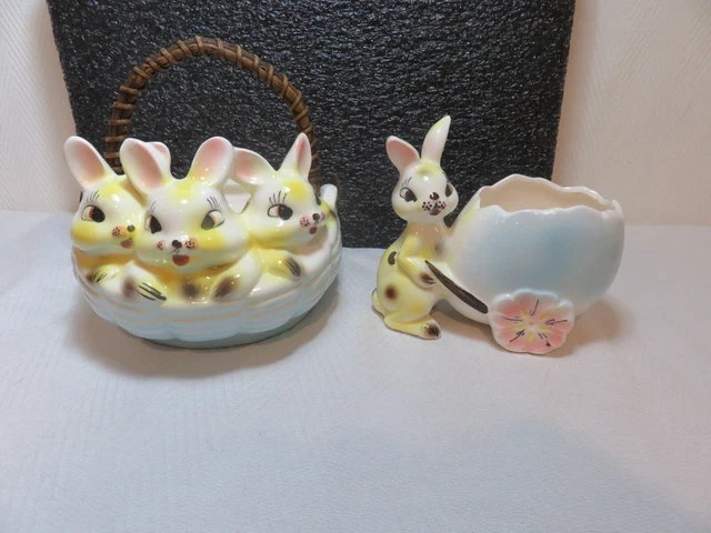 2 VINTAGE JAPAN Easter Bunny ceramic planters with eggs $54.99 ...