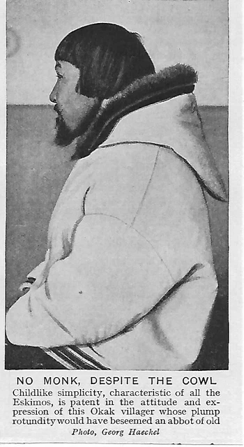 NO MONK DESPITE THE COWL ESKIMO OKAK VILLAGE VILLAGER c 1920 CUTTING ...